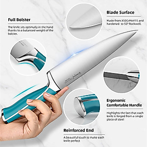 Knife Set, Kitchen Knife Set with Block Wooden, Emojoy 15-Pieces Knife Block Set Stainless Steel Kitchen Knives and Serrated Steak Knives,Blue Chef Knife Set with Sharpener