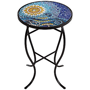 Teal Island Designs Ocean Modern Black Metal Round Outdoor Accent Side Table 14" Wide Blue Mosaic Tile Tabletop Gracefully Curved Legs Front Porch Patio Home House Balcony Deck Shed Yard