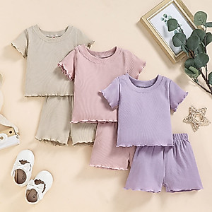 Dimoybabe Toddler Girl Clothes 2T Toddler Girl Summer Outfits Clothes Set Ruffle Ribbed Short Sleeves T-Shirt Tops Shorts Comfy Outfits (Light Purple Ruffle, 2-3T)