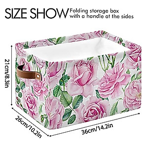 SUABO Floral Pink Roses Buds on White Toy Basket,Collapsible Storage Bin Basket with Handles¡ê?Laundry Baskets,Shelf Basket Nursery Storage for Bedroom Playroom,Set 2