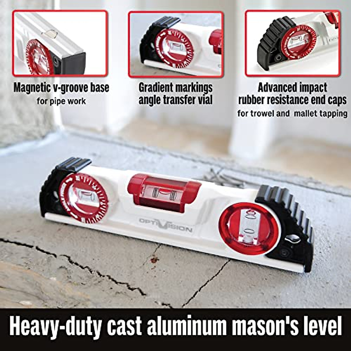 Kapro - 935 Magnetic Cast Red Torpedo Level - Features Optivision, Angle Finder, and V-Groove - For Tilling, Masonry, and Construction - 10 in