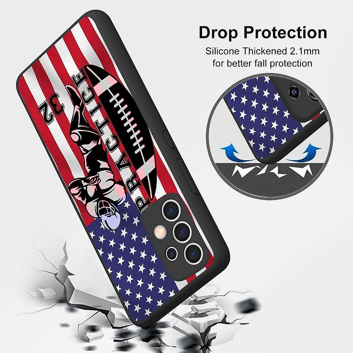 Personalized Football Player Name Number America Flag Design Rubber Cover Phone Case for Samsung Galaxy A16/A15/A25/A14/A54/A53 5G/A03S/A02S/A10E/A12/A13/A32/A33/A42/A51/A52/A71 Custom Football Phone Case