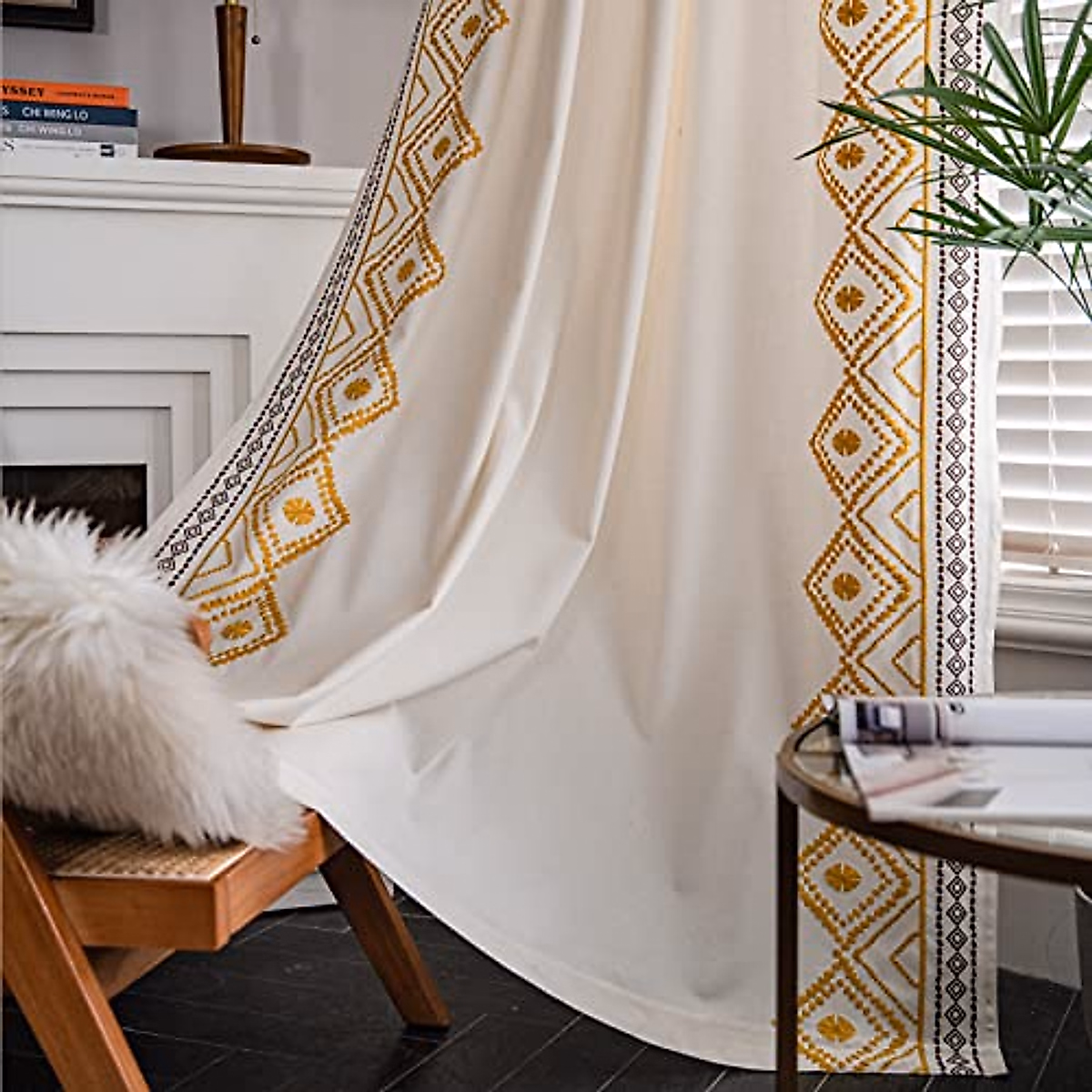 ColorBird Embroidery Diamond Semi-Blackout Window Curtains 2 Panels Boho Cotton Linen Darkening Curtains Rod Pocket Window Drapes for Living Room Bedroom (52" W x 63" L, Yellow)