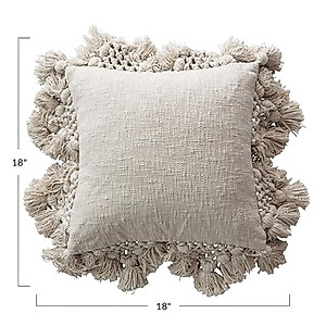Creative Co-Op Cotton Slub Pillow with Crochet and Tassels, 1 Count (Pack of 1), Cream