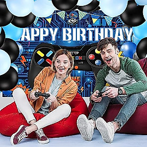 Happy Birthday Video Game Photography Backdrop Blue Level Up Gaming Happy Birthday Banner Boy Family Indoor Outdoor Gamer Room Video Game Party Wall Decoration 7x5ft