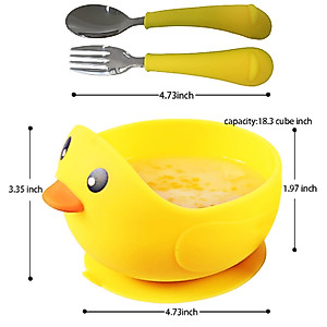 Oligey Baby Solid Food Self Feeding Set includes Toddler Suction Silicone Bowl with Spoon and Fork Bonus,Carton Duck Kid First Stage Eating Utensils Make Child Learning Happy in Led Weaning(yellow)