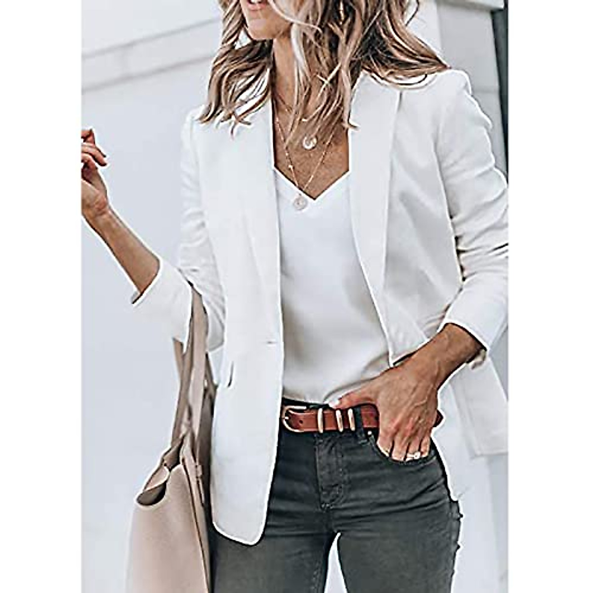 Long Blazer Jackets for Women, Cropped Blazers Women Oversized Blazers Black Leather Blazer Women's Casual Lapel Open Front Sleeve Work Office Suit Jacket Coat and White Striped (M, White-5)
