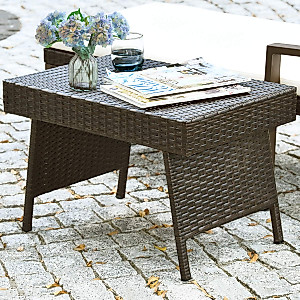 RELAX4LIFE Patio Rattan Side Table - Folding Coffee Table with Premium Brown PE Wicker & High-Duty Steel Frame, Outdoor Beside Table for Garden, Courtyard, Poolside (Brown)