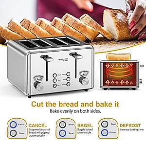 Toaster 4 slice,whall Stainless Steel Toaster 6 Bread Shade Settings,Bagel/Defrost/Cancel Function with Dual Control Panels,Removable Crumb Tray,Extra Wide Slots,for Various Bread Types 1500W