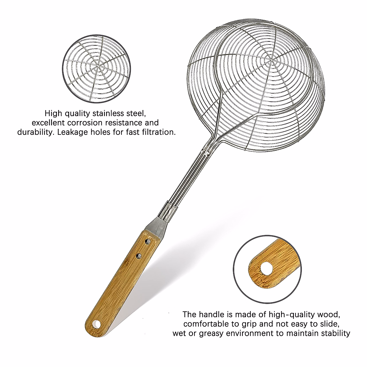 Vivicreate 7 Inch diameter Fine Mesh Strainers Bamboo Handle Premium Stainless Steel Colanders Spider Strainer Sifter Skimmer Spoon Perfect for Sift Strain Vegetables Pastas Tea
