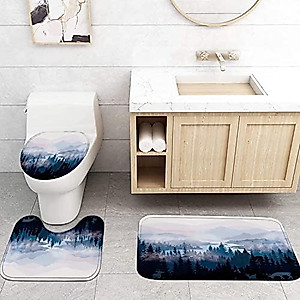 DDQQ 4Pcs Misty Mountain Shower Curtain Sets Dark Blue Tree Bathroom Set Decor with Non-Slip Rugs Bath U-Shaped Mat Toilet Lid Cover Woodland Nature Bathroom Curtains Shower Set with 12 Hooks