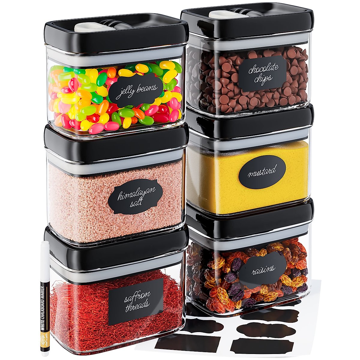 Chef's Path Airtight Food Storage Containers with Improved Lids, Set of 6, 1L Kitchen and Pantry Canisters for Coffee, Spices, and Dry Food, Includes Labels and Marker - Transparent, All Same Size