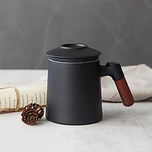 HEER Ceramic Tea Mug with Infuser and Lid, Black Wooden Handle Tea Cup with Filter for Steeping Loose Leaf, 13.5oz/400ml.
