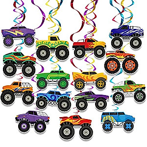 Truck Hanging Swirl Banner Party Decorations 60 Pieces Race Car Cutout Glitter Foil Streamers for Kids Racing Car Birthday Party Supplies Baby Shower Home Wall Ceiling Garden Decor