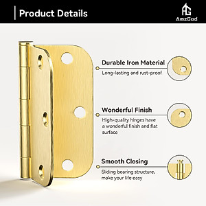 AmzGod Door Hinges Satin Brass - 12 Pack Gold Door Hinges 3.5 Inch Rounded Interior Door Hinges with 5/8" Radius - 3 1/2 Inches Flat Iron Brass Hinges for Residential Standard Doors