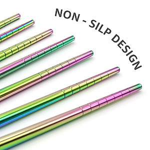 Rainbow 304 Stainless Steel Chopsticks -Reusable Multicolor Lightweight Stainless Steel Polished Chopsticks - Metal Chopsticks 5 Pairs Set with Case as Present Gift Fit Kitchen Dinner (Round Rainbow)