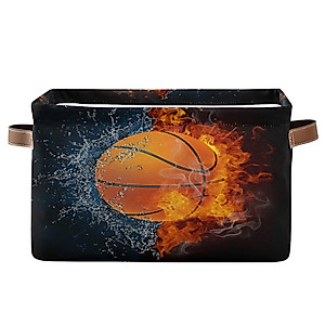 AUUXVA Storage Basket Fire Water Basketball Storage Cube Box Durable Canvas Collapsible Toy Basket Organizer Bin with Handles for Shelf Closet Bedroom Home Office