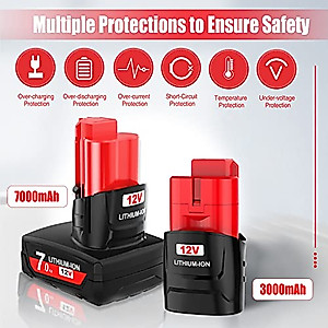 Bonacell 2 Pack Replacement for Milwaukee 12V Battery 3.0Ah and 7.0Ah Lithium Battery Packs Compatible with Milwaukee M12 Battery and Charger Kit