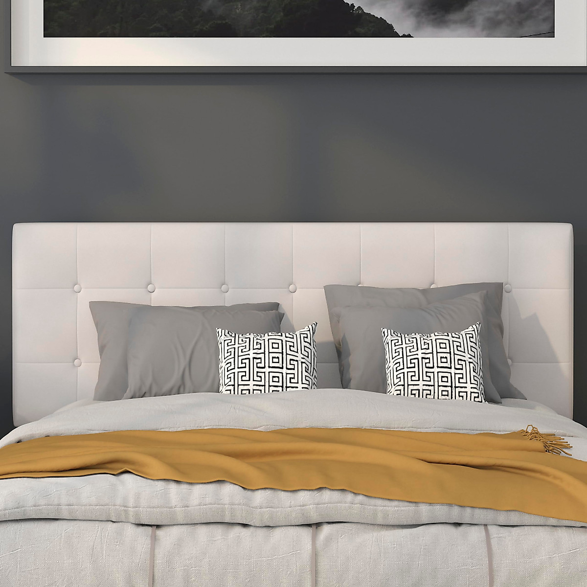 BizChair Button Tufted Upholstered Queen Size Headboard in White Vinyl