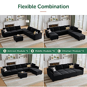HONBAY Modular Sectional Sleeper Sofa Velvet Sectional Sleeper Couch with Storage Seats Oversized Sectional for Living Room,Black