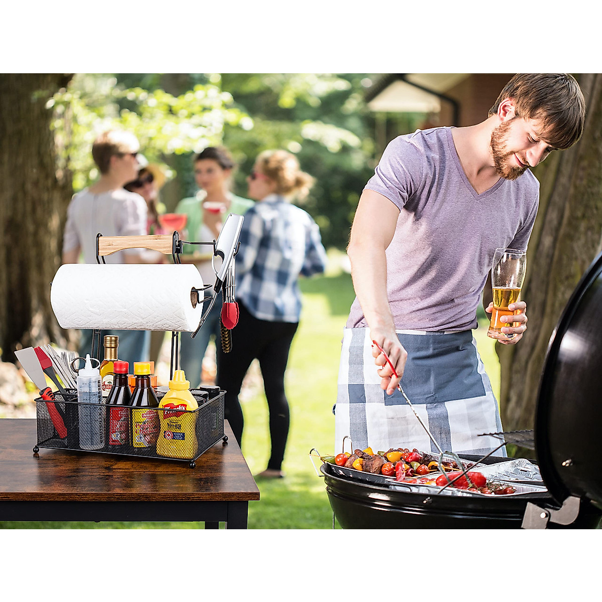 BBQ Caddy Grill For Organizing Utensils, Paper Towels, Accessories, Condiments, Kitchen Tools, Camping, Picnic, Outdoor Grilling, Heavy Duty Steel Frame Mesh Finley Crafted Bamboo Wood Carrying Handle