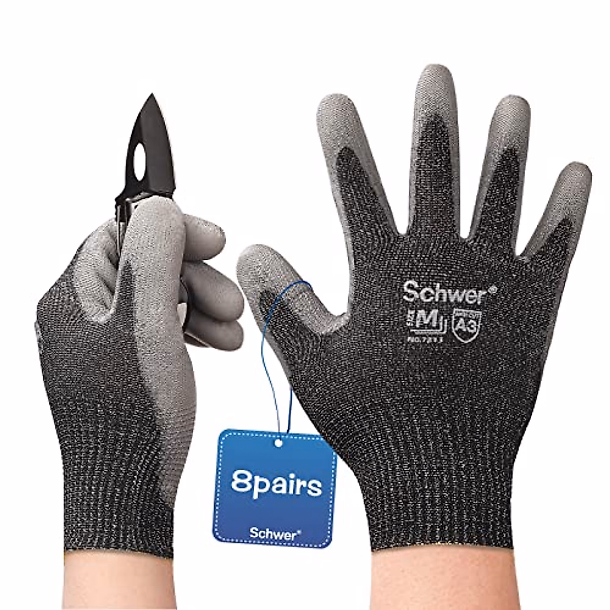 Schwer 8 Pairs Cut Resistant Work Gloves, ANSI A3 Cut Proof Working Gloves with Grip on Palm, for Men & Women, Ideal for General Purpose, Assembly, Auto Repairing (Black, Large)