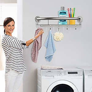 Brushed Nickel 18-inch Safety Grab Bar with Storage Shelf for Bathtub or Shower, Drainage Holes, Stainless Steel, Wall Mounted Grab Bars for Elderly Injured Balance Support