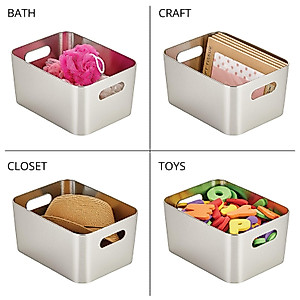 mDesign Steel Metal Storage Container Bin Basket, Handle - Kitchen Pantry, Cabinet, Fridge, Drawers, Freezer Organization - Food/Snack Holder Crates, 9" Wide, Mirri Collection, 2 Pack, Brushed Chrome