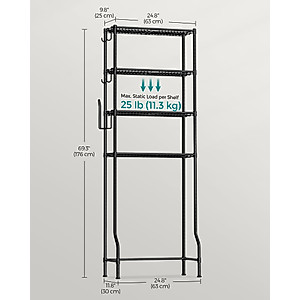 SONGMICS 4 Tier Over The Toilet Storage, Metal Storage Rack, Adjustable Shelves, 4 Hooks, Roll Holder, Space-Saving Bathroom Storage Shelf Organizer, 11.8 x 24.8 x 69.3 Inches, Black UBTS013B01