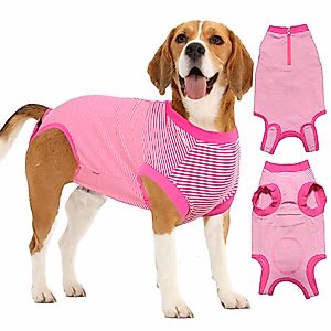 Wabdhally Dog Surgery Recovery Suit,Surgical Suit for Large Female Spay,Soft Combed Cotton,Rose Striped Zipper Onesie L