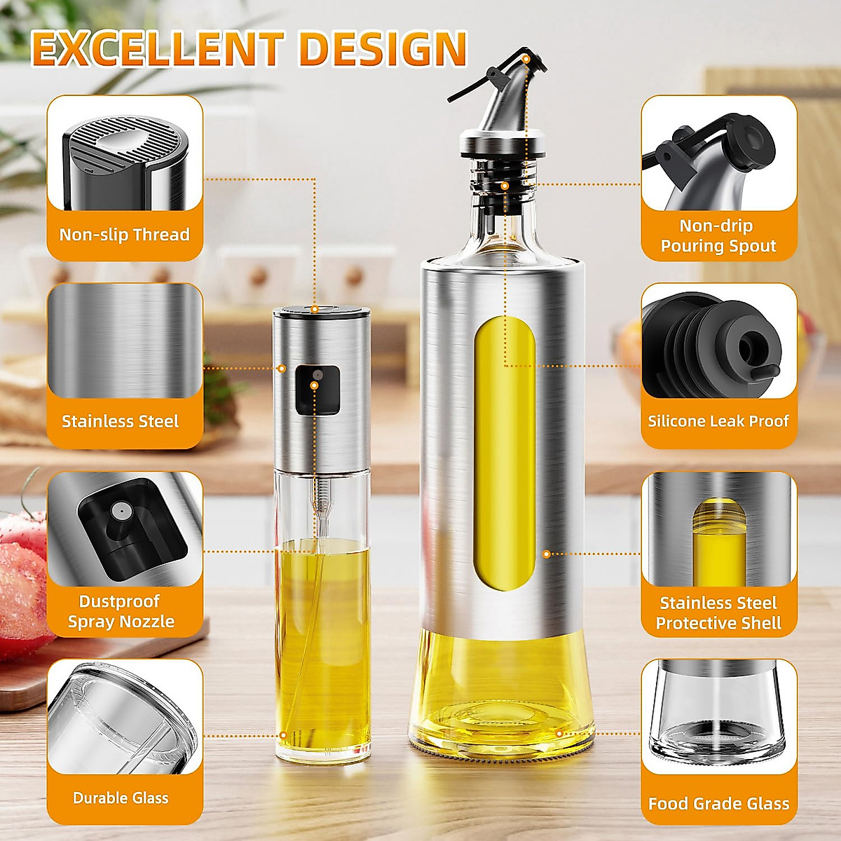 Kinkota Stainless Steel Olive Oil Dispenser Bottle and Sprayer Set, 17 OZ, 500 ML, 2 Count, Kitchen, Cooking