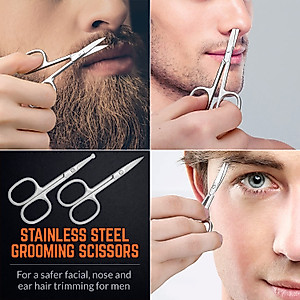 Stainless Steel Grooming Scissors - Eyebrow Scissor, Beard & Mustache Trimming Set, Small Curved & Rounded Tip Facial Hair Trimmer Kit for A Much Safer Ear, Nose Hair Clipper for Men & Travel Case
