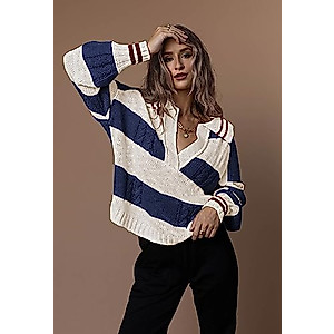 Meenew Women's Baggy Loose Knit Sweater Plunge V Neck Long Sleeve Fashion Loose Crop Tops Dark Blue S