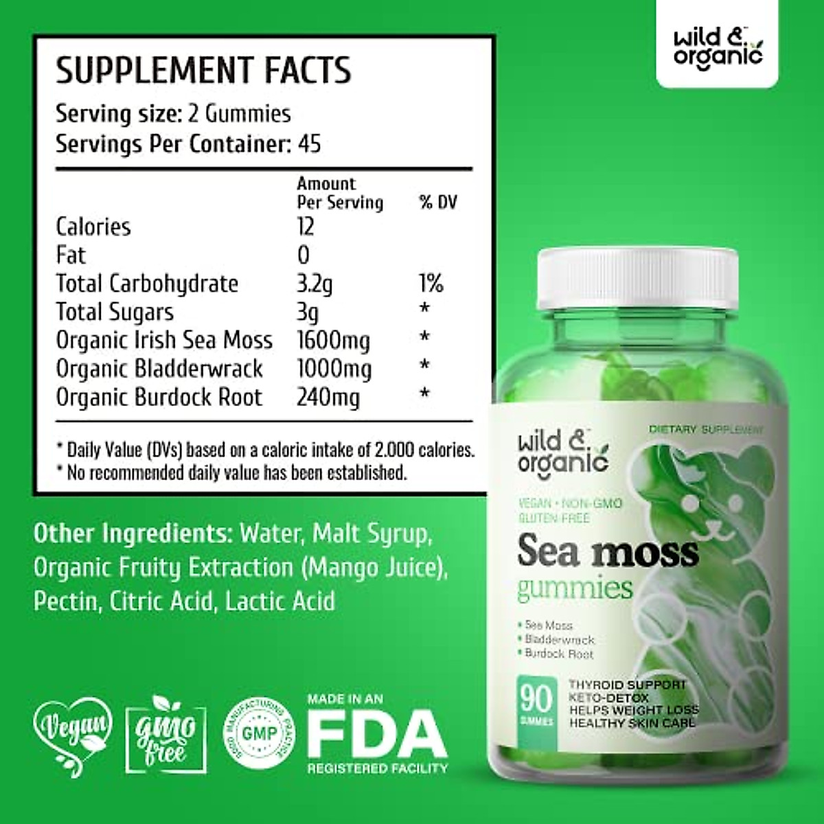 Wild & Organic Sea Moss Gummies Bundle - Superfood Wildcrafted Seamoss Gummy Vitamins for Kids & Adult - Thyroid Health, Digestive & Immune Support Supplements w/ Raw Irish Moss Bladderwrack - 2 Pack