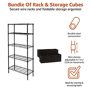 Amazon Basics 5-Shelf Storage Unit with Height Adjustable Shelves and Foldable Storage Cubes (6 Pack), Black
