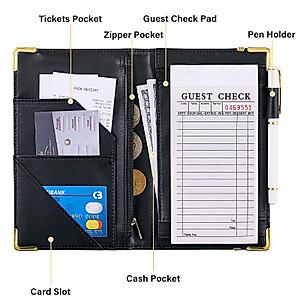 Lemmeko Server Book, PU Leather Server Books for Waitress with Zipper Pockets, Waitress Book with Pen Holder Fit Server Apron Check Presenters for Restaurants