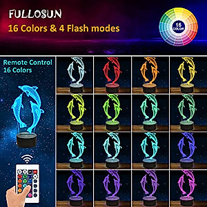 FULLOSUN Night Light for Kids Ocean Dolphin 3D Night Light Porpoise Bedside Lamp with Remote Control 16 Color Changing Xmas Halloween Birthday Gift for Child Baby Girl