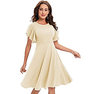 Gardenwed Beige Women's Cocktail Dress Ruffle Short Sleeve A Line Swing Flared Midi Party Homecoming Dresses Champagne 2XL