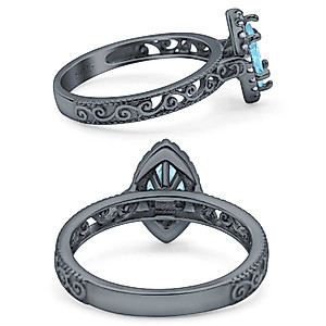 OMRANII Black Tone, Simulated Aquamarine CZ Size-10 Halo Art Deco Bridal Wedding Engagement Ring Marquise Round CZ 925 Sterling Silver