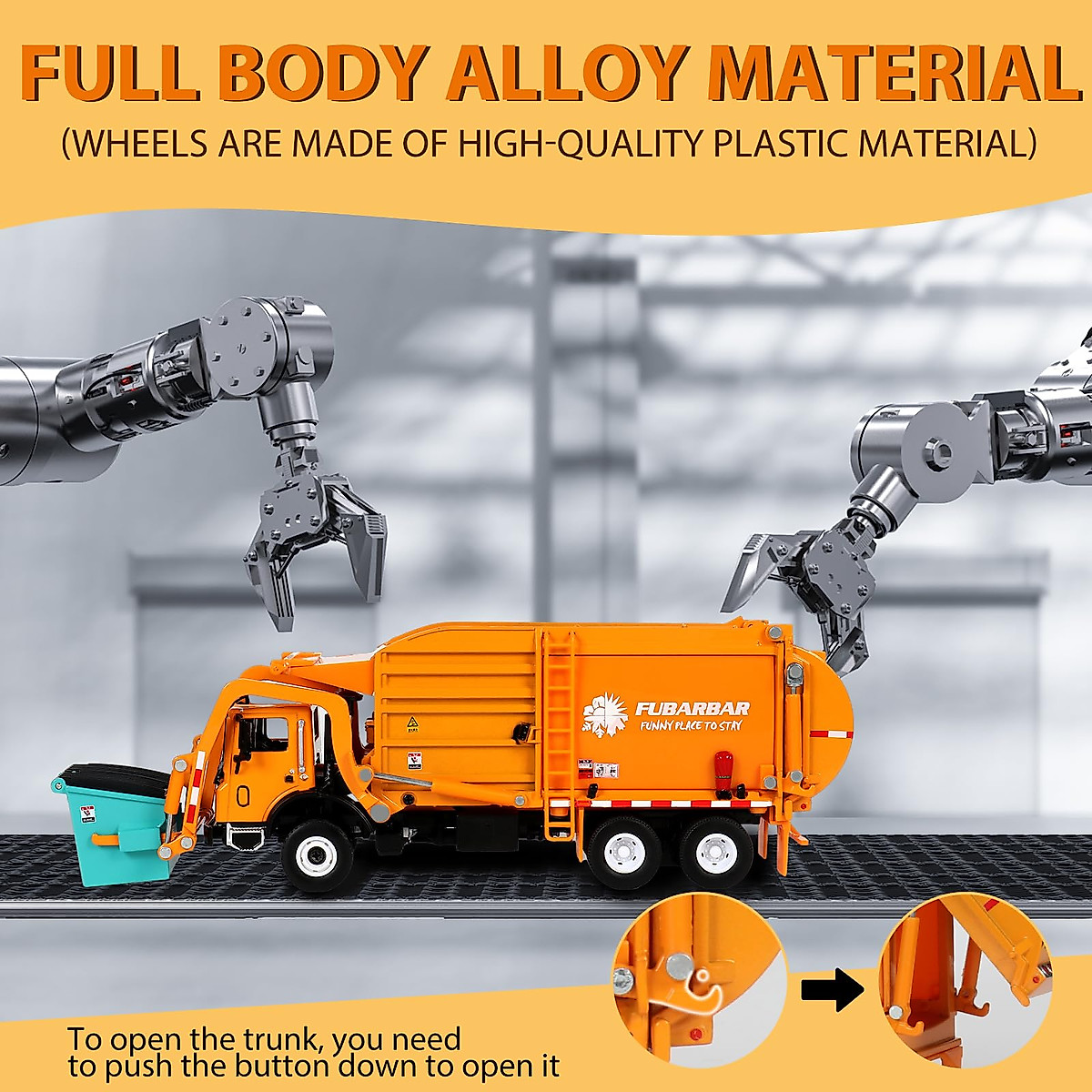 Garbage Truck Toys, Fubarbar 1:43 Bruder Tonka Trash Trucks Model for Boys Metal Diecase Waste Management Front Loader Die Cast Recycling Dumpster Truck Toy for 3 4 5 6 Years Old(Orange)