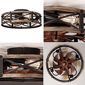 SHLUCE Farmhouse Flush Mount Caged Ceiling Fans with Lights, 6 Speeds, Rustic Low Profile Ceiling Fan with Light and Remote, Small Bladeless Ceiling Fans with Lights for Kitchen, Bedroom