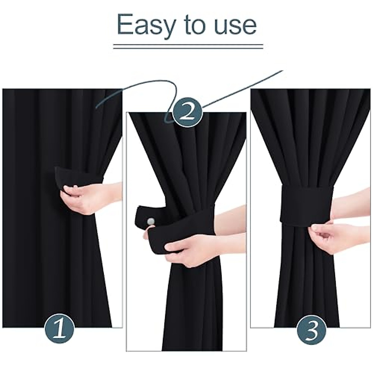 PONY DANCE Black Strong Magnetic Curtain Tiebacks - 4 Pack Outdoor/Indoor Elegant Decorative Tie Backs for Drapes, Modern Handmade Holdbacks for Window Curtains and Draperies, 18.5 x 4 Inches