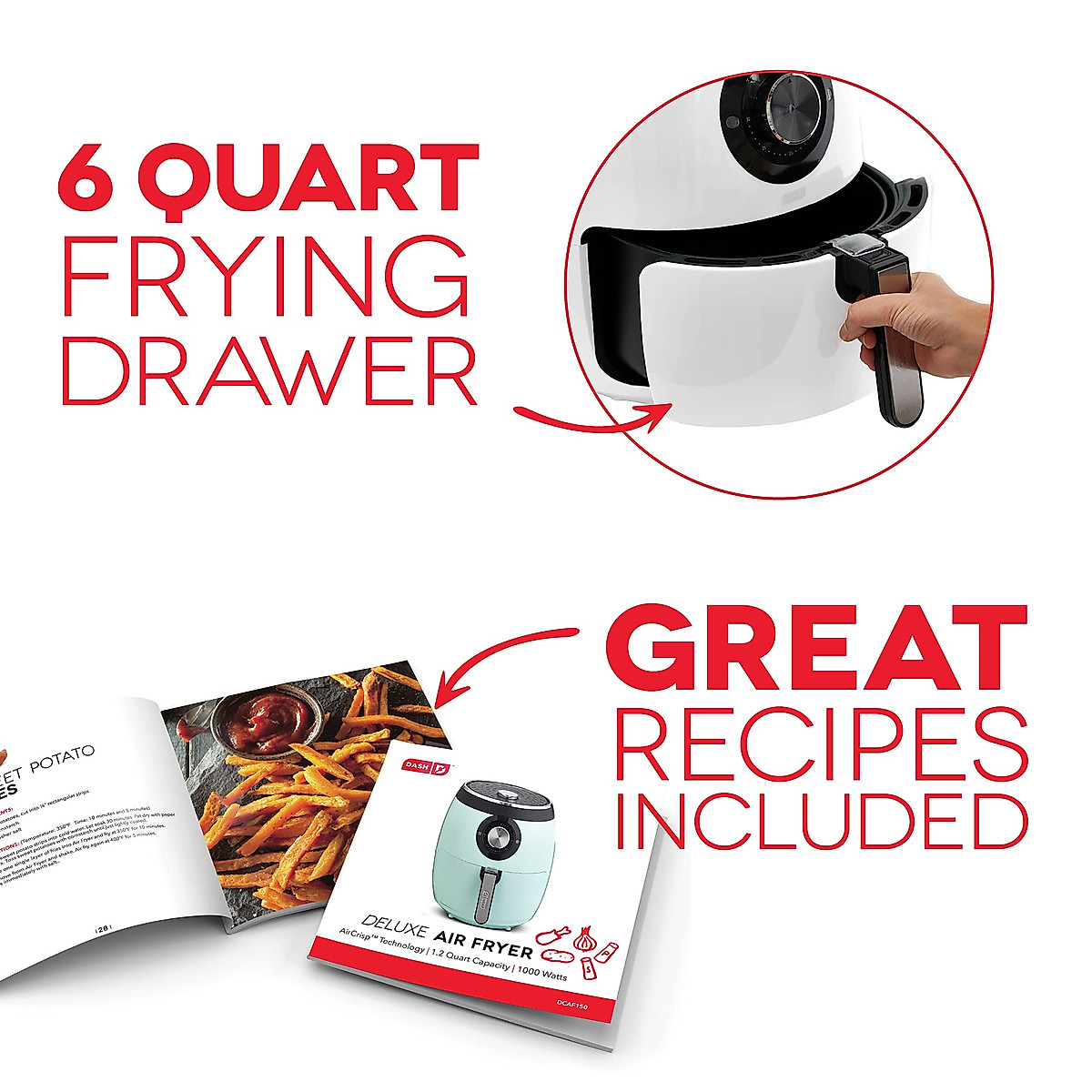 Dash Deluxe Electric Air Fryer + Oven Cooker with Temperature Control, Non-stick Fry Basket, Recipe Guide + Auto Shut Off Feature, 1700-Watt, 6 Quart - White