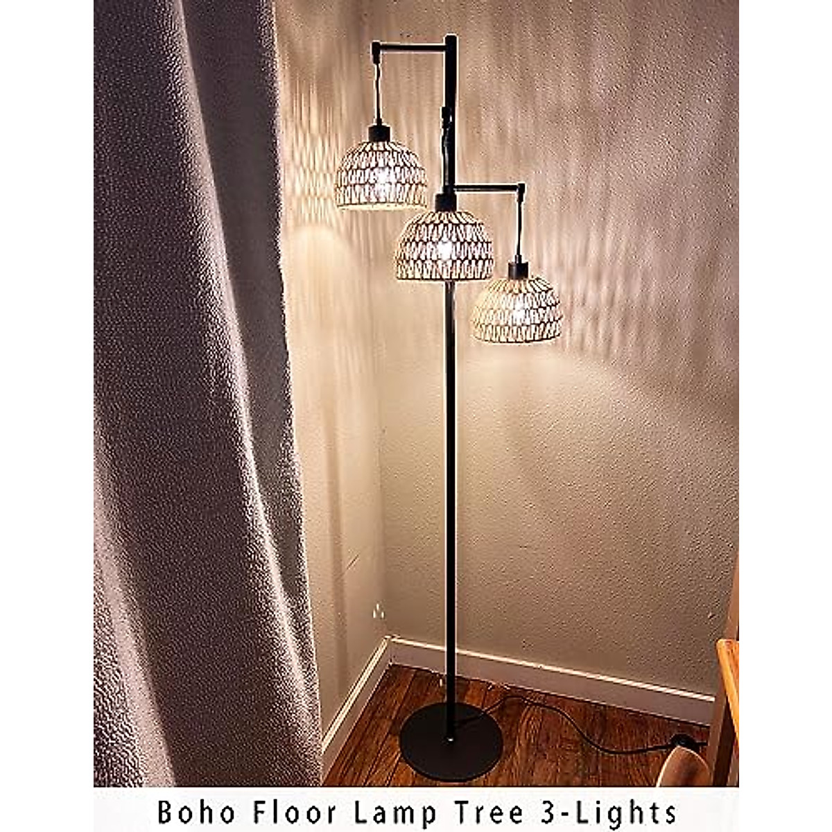 QIYIZM Floor Lamp for Living Room,Bedroom,3-Lights Boho Rattan Floor Lamps,Tree Farmhouse Industrial Black Standing Lamp Wicker Rustic Adjustable Tall Lamp,Woven Bamboo LampShade Floor Light Bohemian