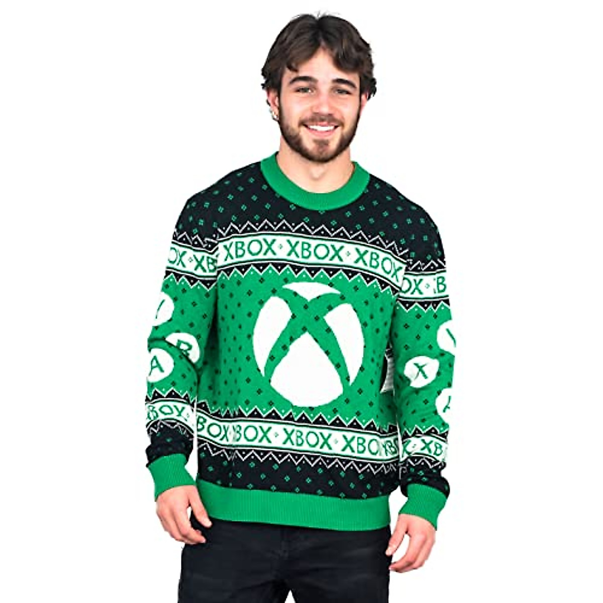 Ripple Junction Adult Unisex X-Box System Gaming Big X Logo Holiday Ugly Christmas Sweater - X-Large - Funny Video Game Christmas Sweater Green