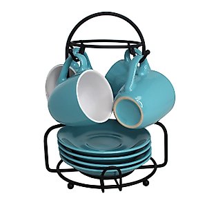 IMUSA USA 8pc 3oz Blue and White Espresso Cups & Saucers Set w/Storing Rack, 8pc, Teal