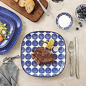 Selamica Porcelain Square Dessert Salad Pasta Plates 7.6 inches ceramic plates set of 6 microwave/dishwasher/oven safe, Vintage Blue