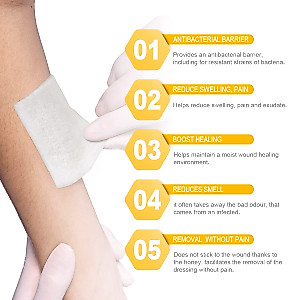 Honey Calcium Alginate Wound Dressing, Honey Would Dressing with Calcium 2"x 2" (10 Pack) Hospital Grade Honey Patches for Faster Wound Care, Minor Burns Cuts - Latex Free