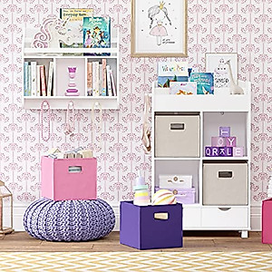 RiverRidge Kids Three Cubbies Bookrack, White (02-251) & 2 Pc Folding Storage Bin Set, No Size, Dark Purple, 2 Piece
