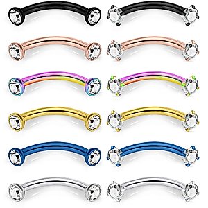 Dyknasz 12 Pieces 16 Gauge Surgical Steel Eyebrow Rings Rook Earring Studs Cartilage Tragus Cubic Zirconia Curved Barbell Body Piercing Jewelry for Women Men 6mm Silver Rose Gold Black